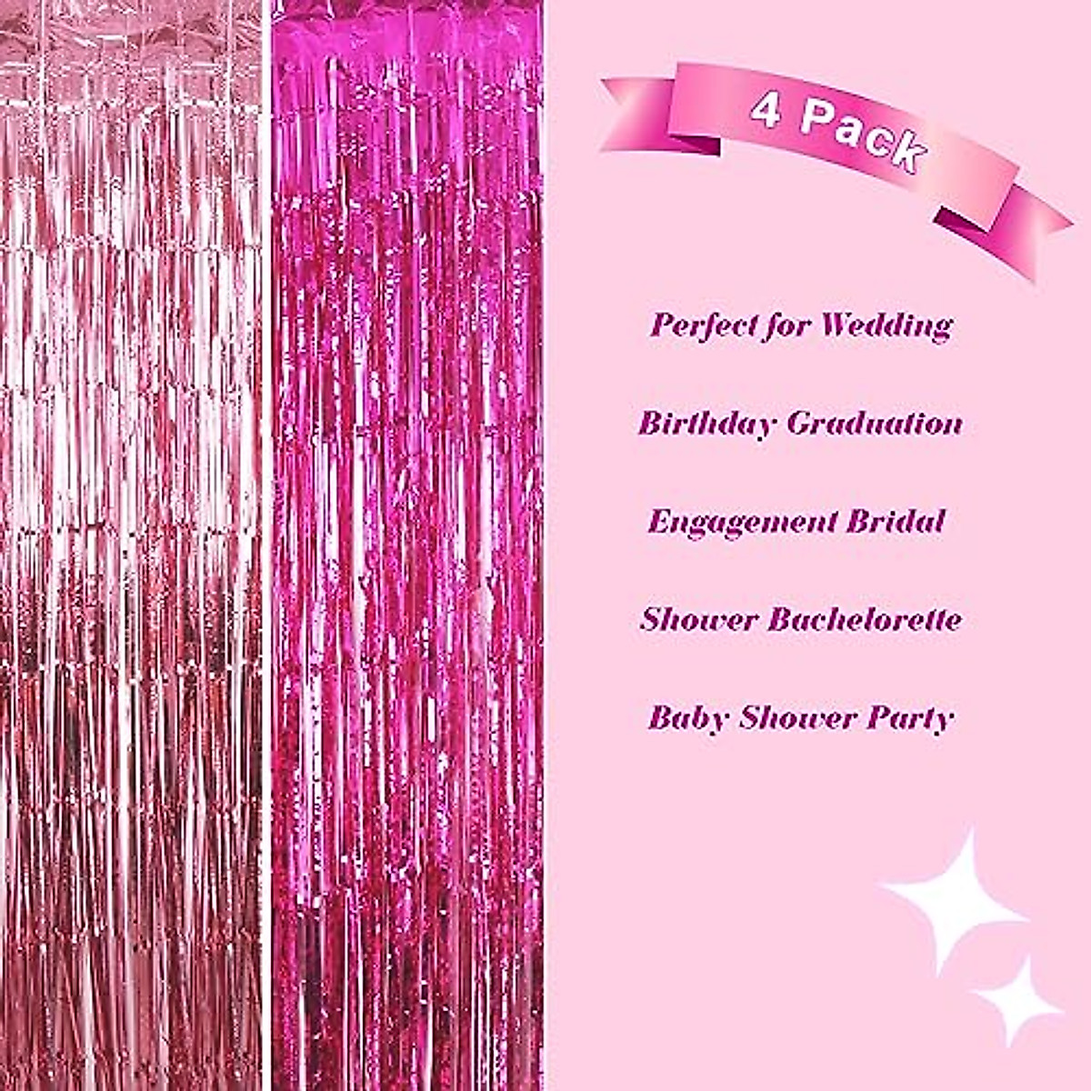 4 Pack 3.3×6.5 ft Pink and Rose Red Metallic Tinsel Foil Fringe Curtains Photo Booth Backdrop Decor Streamers Fringe Backdrop for Birthday Wedding Engagement Baby Shower Holiday Party Decorations