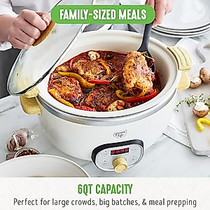 GreenLife 6 Quart Ceramic Slow Cooker, PFAS-Free, Programmable, Removable Healthy Nonstick Pot for Family Meals, Sear on Stovetop, Keep Warm, Digital Timer, Dishwasher Safe Glass Lid & Crock, Cream