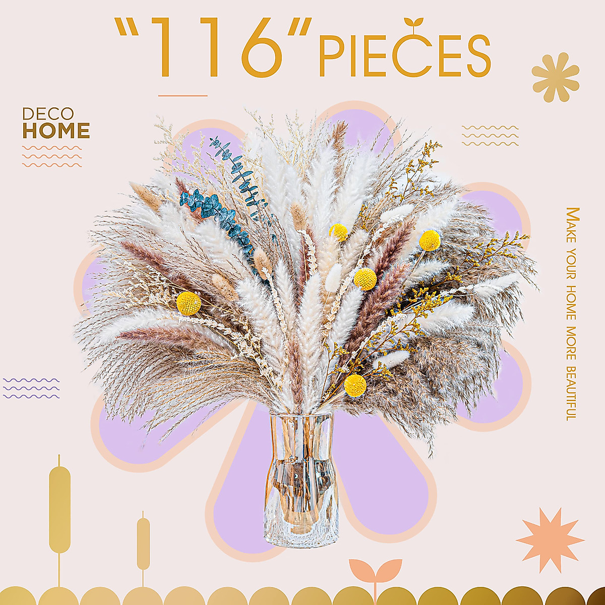 Natural Pampas Grass Mix Bouquet | Dried Pampas Bouquet for Wedding Boho Flowers Home Table Decor Desk Decor, Rustic Farmhouse (116 PCs Mix Bouquet)