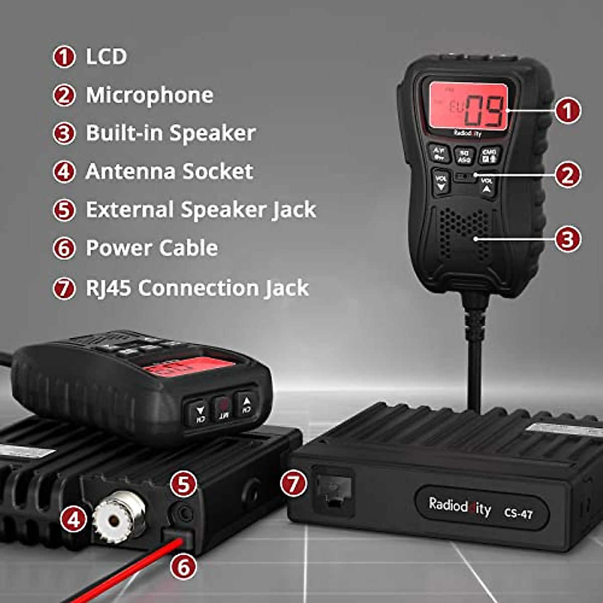 Radioddity CS-47 Small CB Radio, AM/FM, 40-Channel, One Hander Microhone Built-in Speaker Noise Reduction, Large 7-Color Backlit LCD Display, VOX, RF Gain Long-Range for Offroad, Trucker, Backcountry