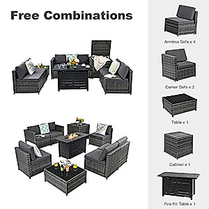 Tangkula 9 Pieces Patio Rattan Furniture Set, Patiojoy Sectional Sofa Set w/Fire Pit Table, Storage Box, Coffee Table, Outdoor Wicker Conversation Set w/ 42” Propane Fire Pit Table (Grey)