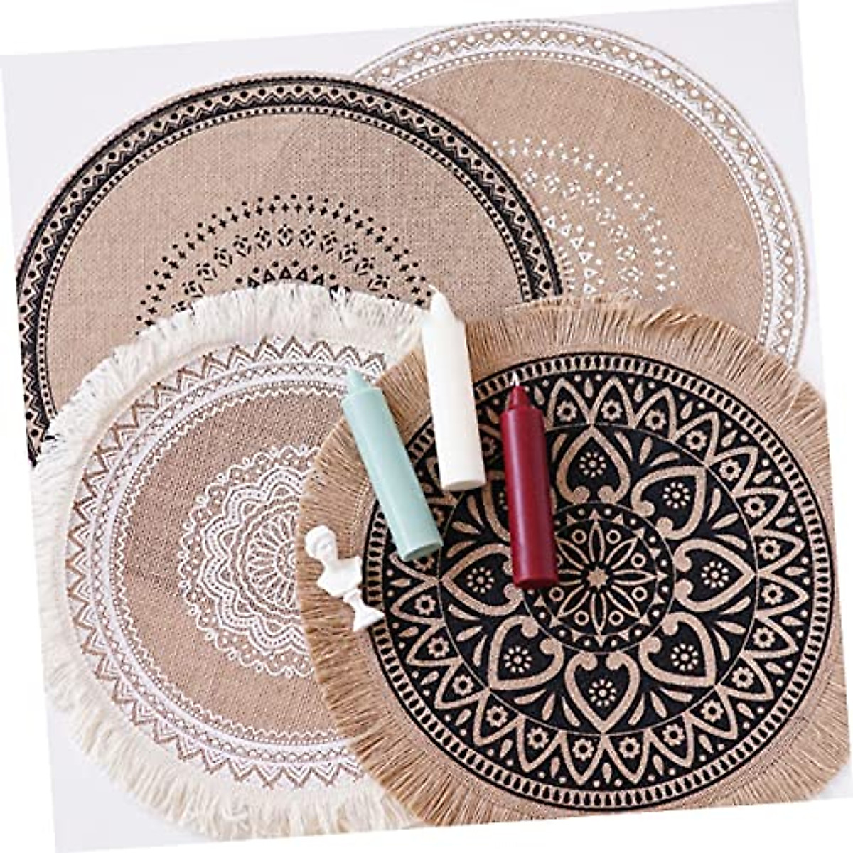 DECHOUS 1pc Jute Placemats Glass Coasters for Drinks Natural Home Decor Office Desk Decorations Mandala Dinking Coasters Round Cup Mat Pad Dining Table Placemat Household Place Mat Linen
