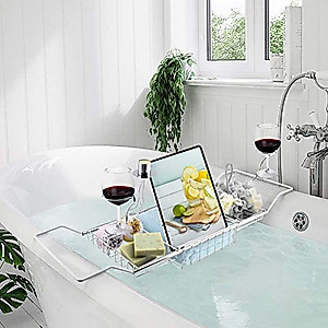 GOTOTOP Stainless Steel Tub Shampoo Bath Caddy Bathtub Caddy Tray, Stainless Steel Bathroom Bath Tub Table Caddy Tray Shelf with Extending Sides and Removable Wine Glass Book Holder Bath Organizer