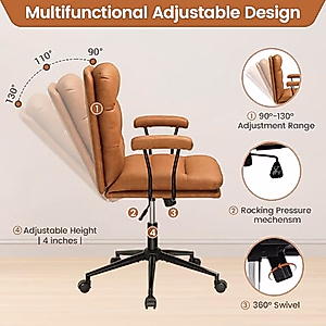 DICTAC Brown Leather Office Chair,Mid Century Home Desk Chair with Padded Mid-Back Support Removable Armrests Height Adjustable