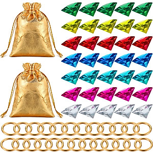 Chalyna 60 Pcs Acrylic Diamond Gem Jewelry Alloy Gold Round Ring Set Hedgehog Chaos Emerald Power Halloween Party Favor Pirate Treasure Hunting Cake Decor with Gift Bag for Birthday (Bright Style)
