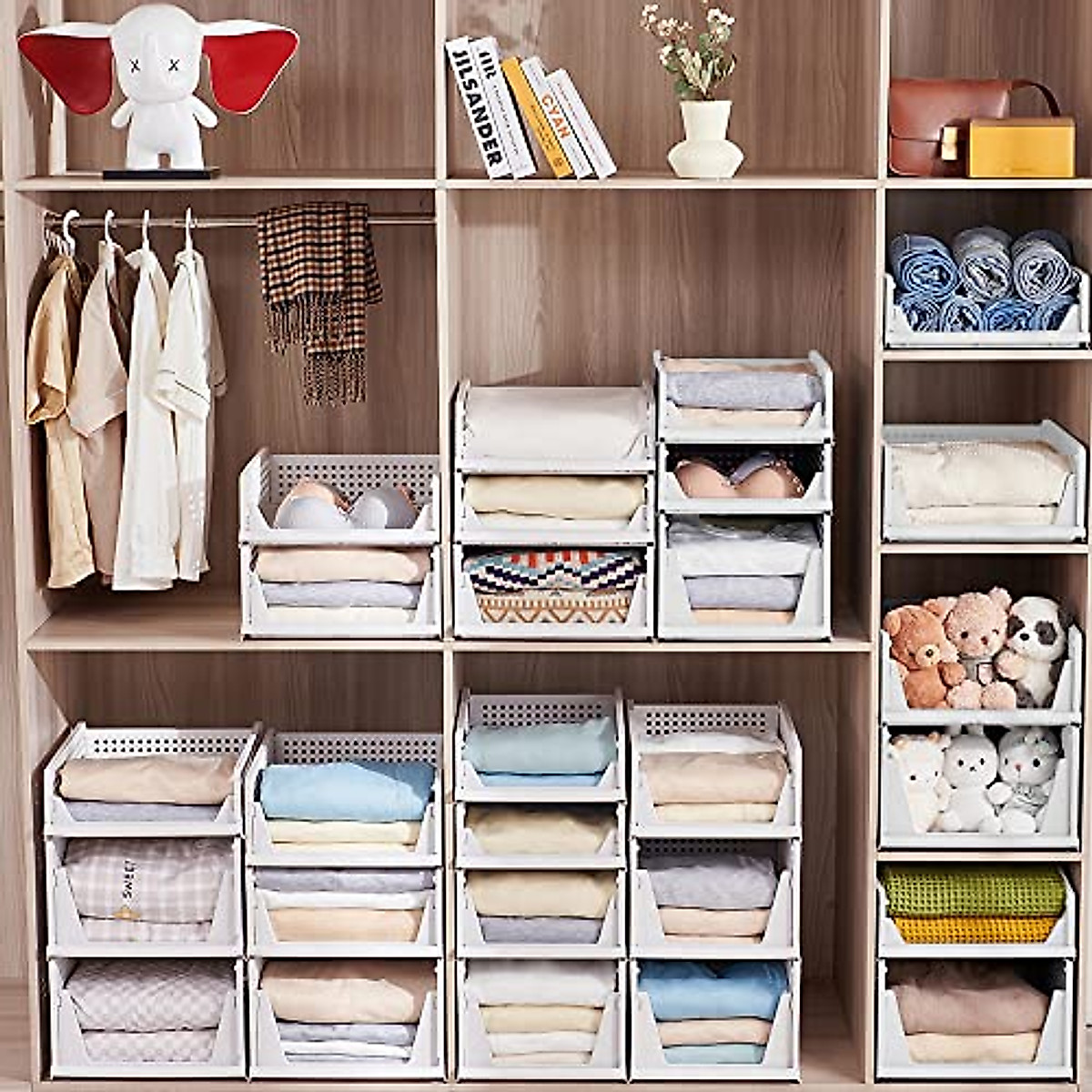 WDPUCHU Stackable Plastic Storage Basket-Foldable Closet Organizers and Storage Bins - Drawer Shelf Storage Container for Wardrobe Cupboard Kitchen Bathroom Office (White Large-4 Pack)