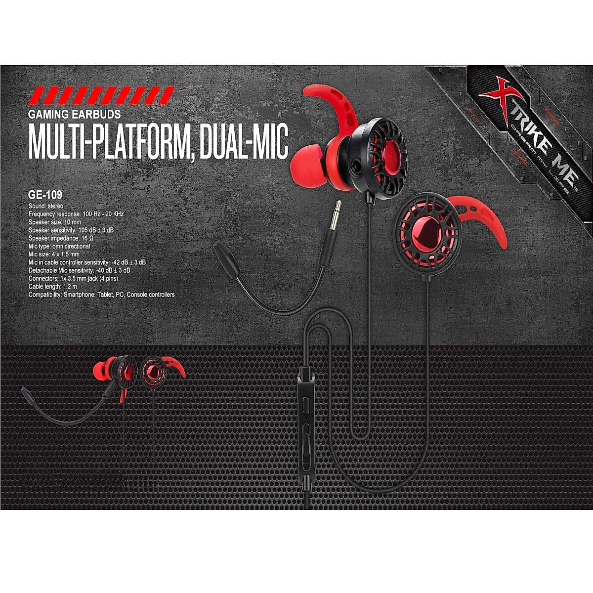 Stereo Gaming Earbuds with Microphone, GE-109 for Smartphone, PC, PS4, Xbox One, Cable 1.2m