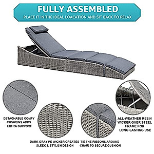 Soleil Jardin Folding Outdoor Adjustable Chaise Lounge Chair with Removable Cushion, Fully Assembled, Patio PE Rattan Reclining Lounger for Pool Beach, Dark Gray