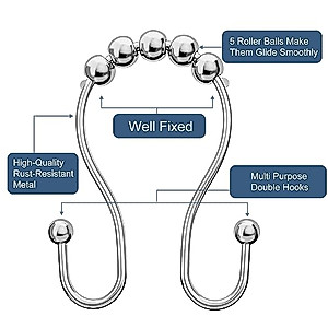 BBLHOME Shower Curtain Hooks, Shower Curtain Rings Rust Proof Metal Smooth Glide Double Shower Curtain Hooks for Bathroom Shower Curtains Rod, Kitchen Utensils,Towels, Set of 12,Chrome