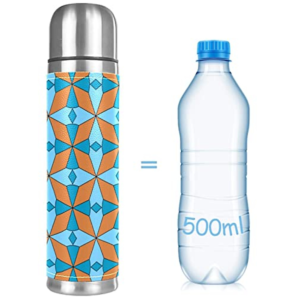 Stainless Steel Leather Vacuum Insulated Mug Geometry Thermos Water Bottle for Hot and Cold Drinks Kids Adults 16 Oz