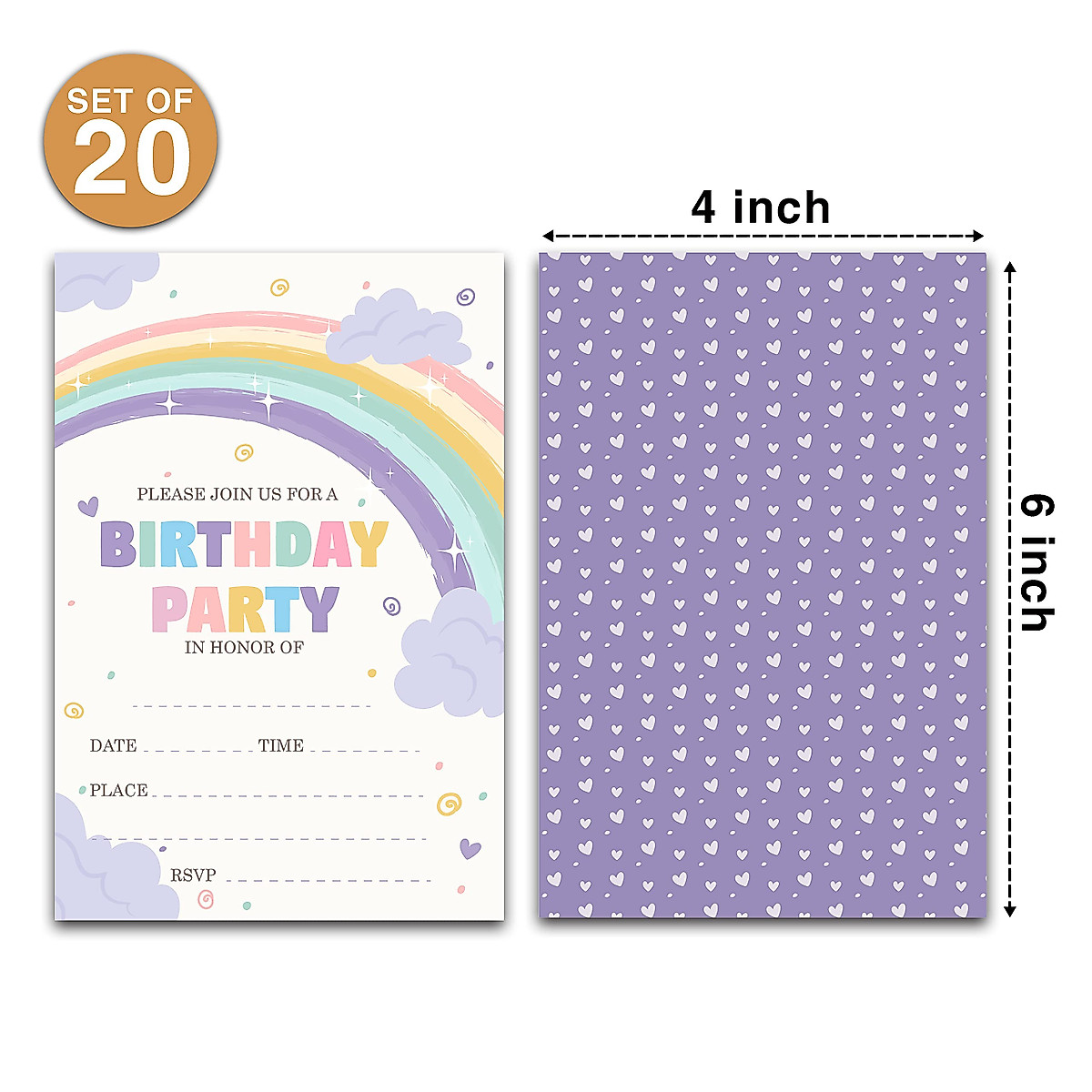Rainbow Birthday Party Invitations - Rainbow Party Supplies - Fill in The Blank Birthday Party Invites - 20 Invitation Cards With 20 Envelopes (003A)