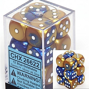 Chessex Dice d6 Sets: Gemini Blue & Gold with White - 16mm Six Sided Die (12) Block of Dice