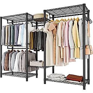 Gaomon Clothes Rack, Heavy Duty Clothing Racks for Hanging Clothes, Armoires Freestanding Clothing Organizer with Adjustable Shelves & 4 Side Hooks (Diameter 1.0 inch)