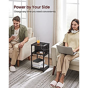 VASAGLE Side Table with Charging Station, 3-Tier End Table with USB Ports and Outlets, Nightstand for Living Room, Bedroom, 11.8 x 13.4 x 22.8 Inches, Plug-in Series, Black