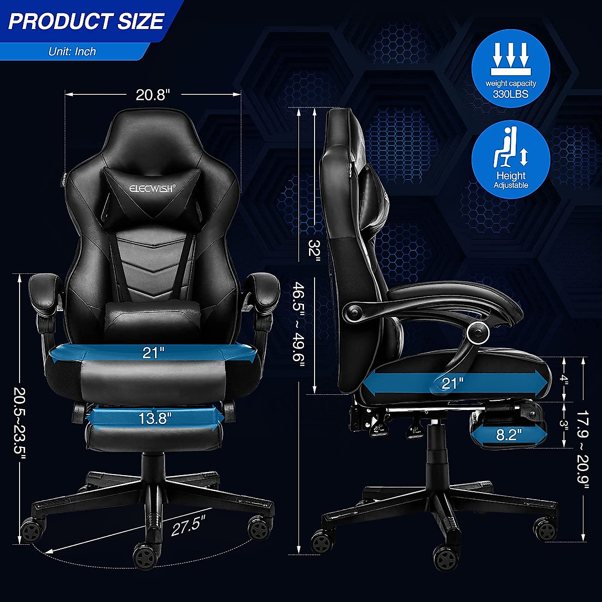 ELECWISH Gaming Chair, Reclining Computer Chair with Footrest and Lumbar Support, High Back Ergonomic Gamer Chair for Adults, Gaming Desk Chair with Headrest PU Leather