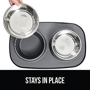 Gorilla Grip Slip Resistant Pet Bowls and Silicone Feeding Mat Set, Catch Water and Food Mess, Raised Edges for No Spills, Stainless Steel Cat and Dog Dish Bowl for Small and Large Pets, 2 Cups Gray