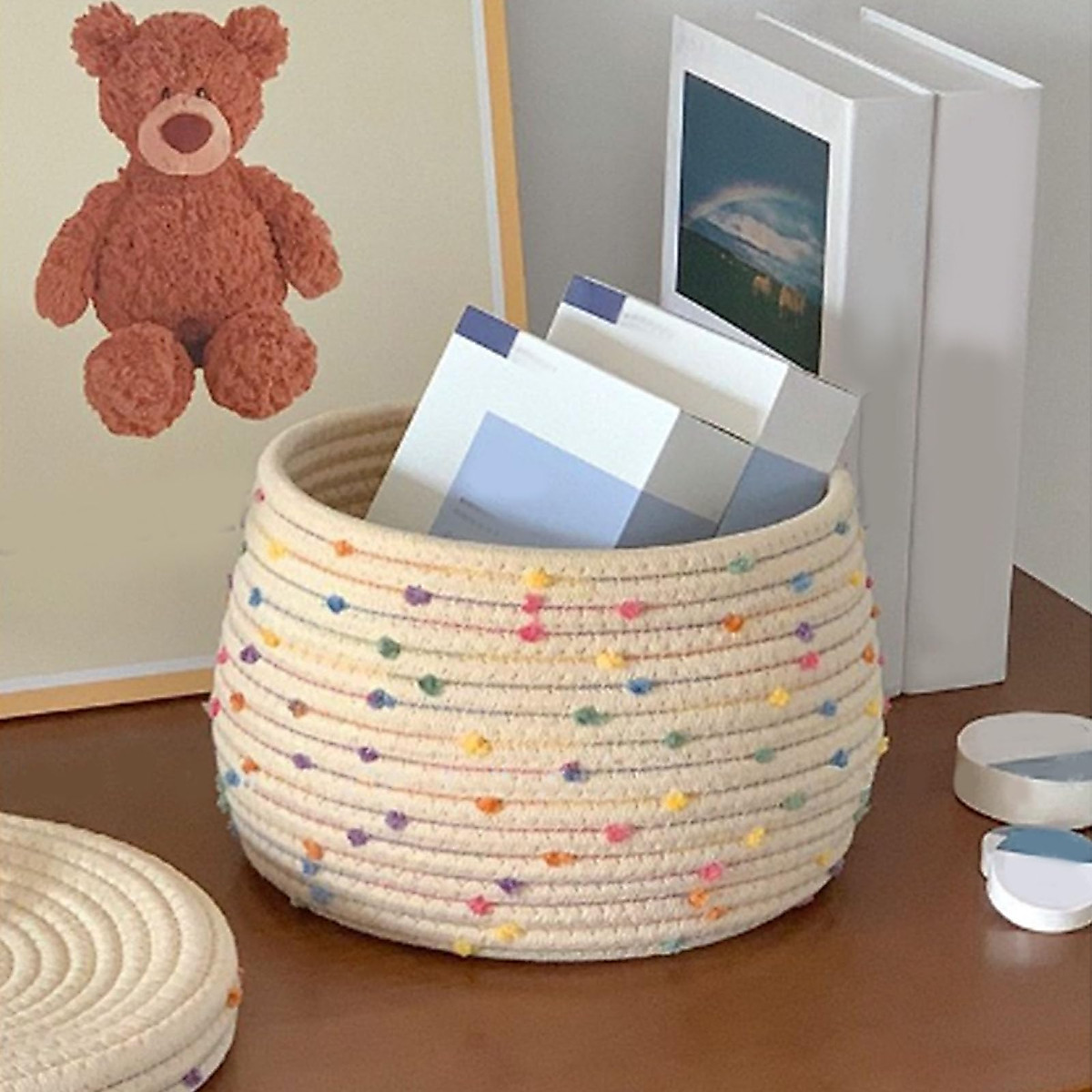 HERCHR Cotton Rope Basket, Small Rainbow Basket Mini Woven Basket Small Round Basket Woven Storage Basket with Lid for Organizing