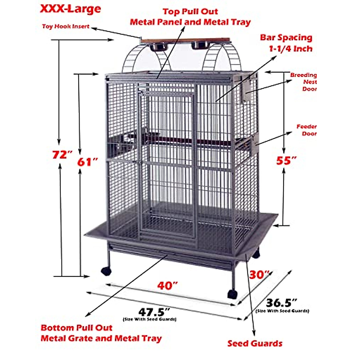 4 Size, Castle PlayTop Parrot Cage for Large Macaws Cockatoos African Grey Amazon (40" x 30" x 72"H White Vein)
