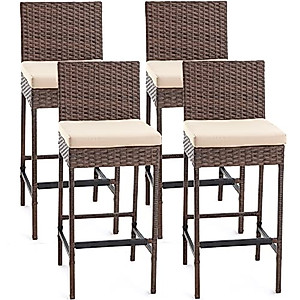 ECOTOUGE Wicker Bar Height Chairs Set of 4, Patio Rattan Bar Stools Counter Height with Cushion, Outdoor Bar Chairs Armless for Backyard, Poolside, Deck (Brown)