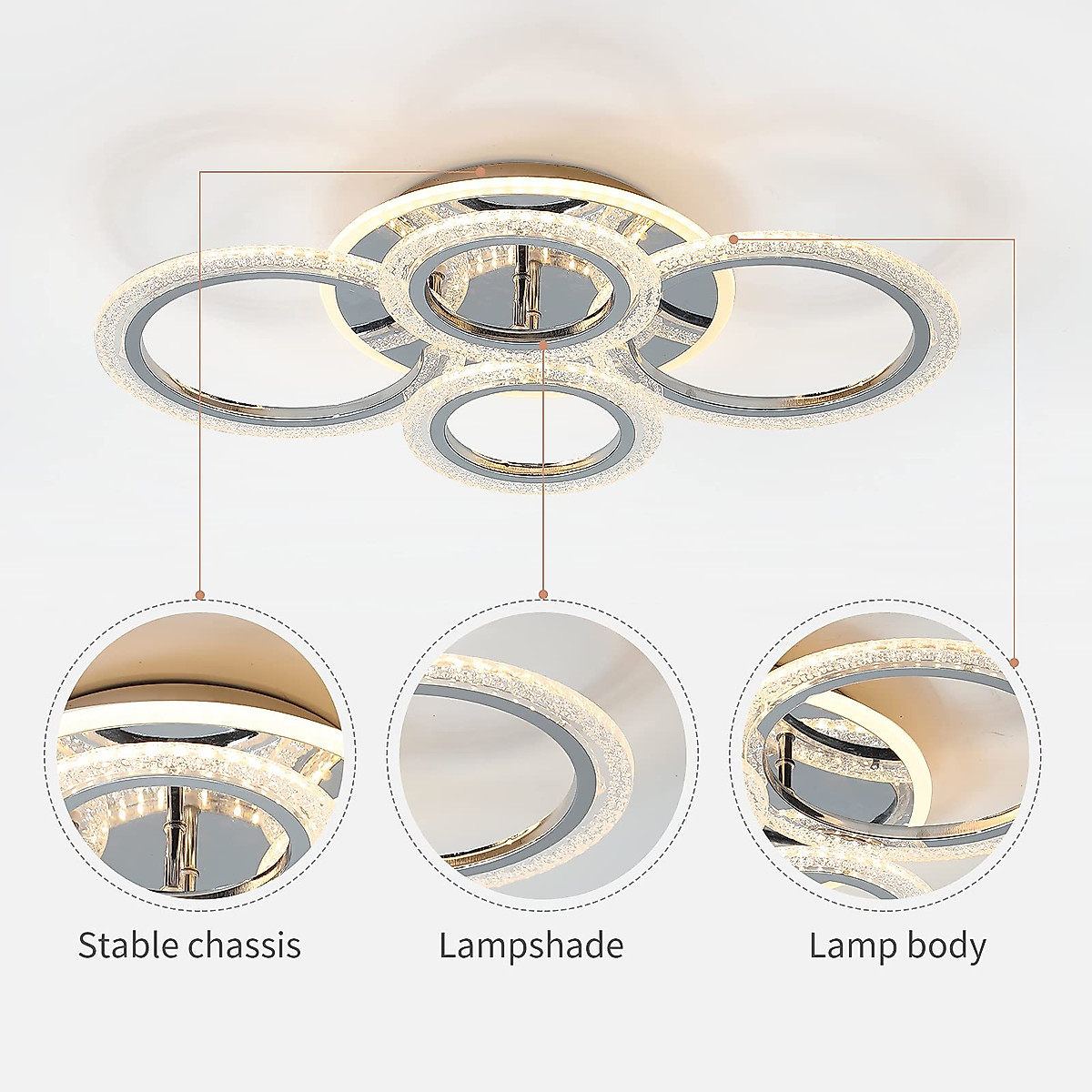 Garwarm Modern Ceiling Light 58W Dimmable Flush Mount LED Ceiling Lamp 4 Rings Acrylic Ceiling Chandelier for Living Room Dining Room Bedroom,Chrome