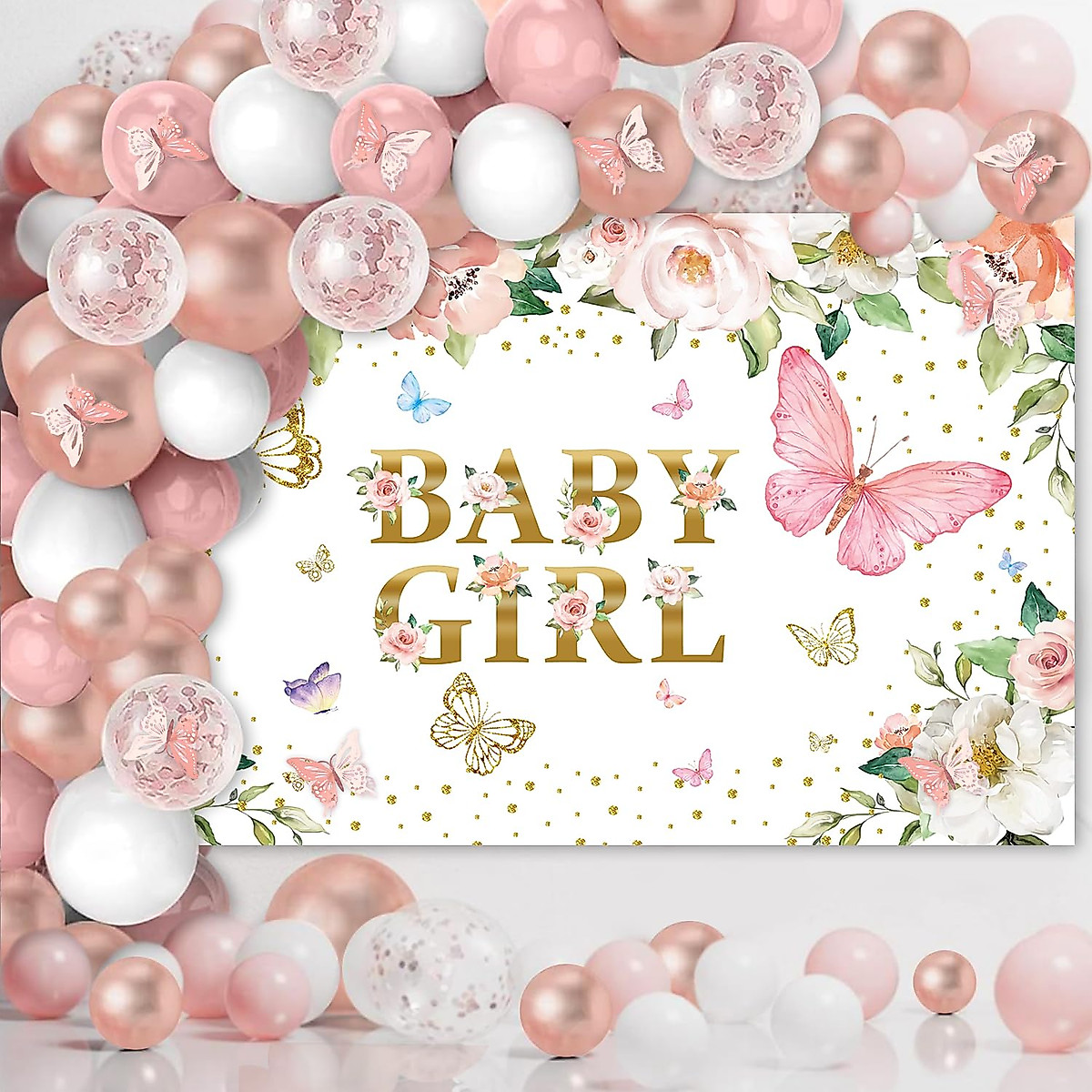 Baby Shower Decorations for Girl, 247PCS Floral Girl Baby Shower Decorations Party Supplies with Background, Disposable Tableware (24 Guests), "It's A Girl" Banner, Butterfly Balloon Kit &Tablecloth