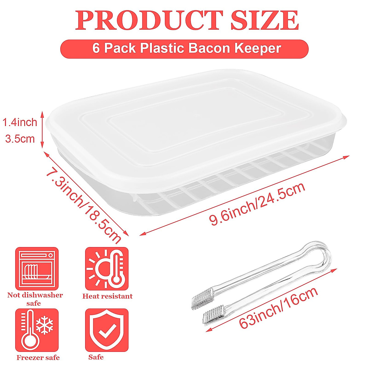 WOPPLXY 6 Pack Bacon Keeper, Plastic Deli Meat Container with Lids, Airtight Cold Cuts Storage Containers for Fridge Storage Box Food Shallow Low Profile Bacon Holder with 3 Pcs Buffet Serving Tongs