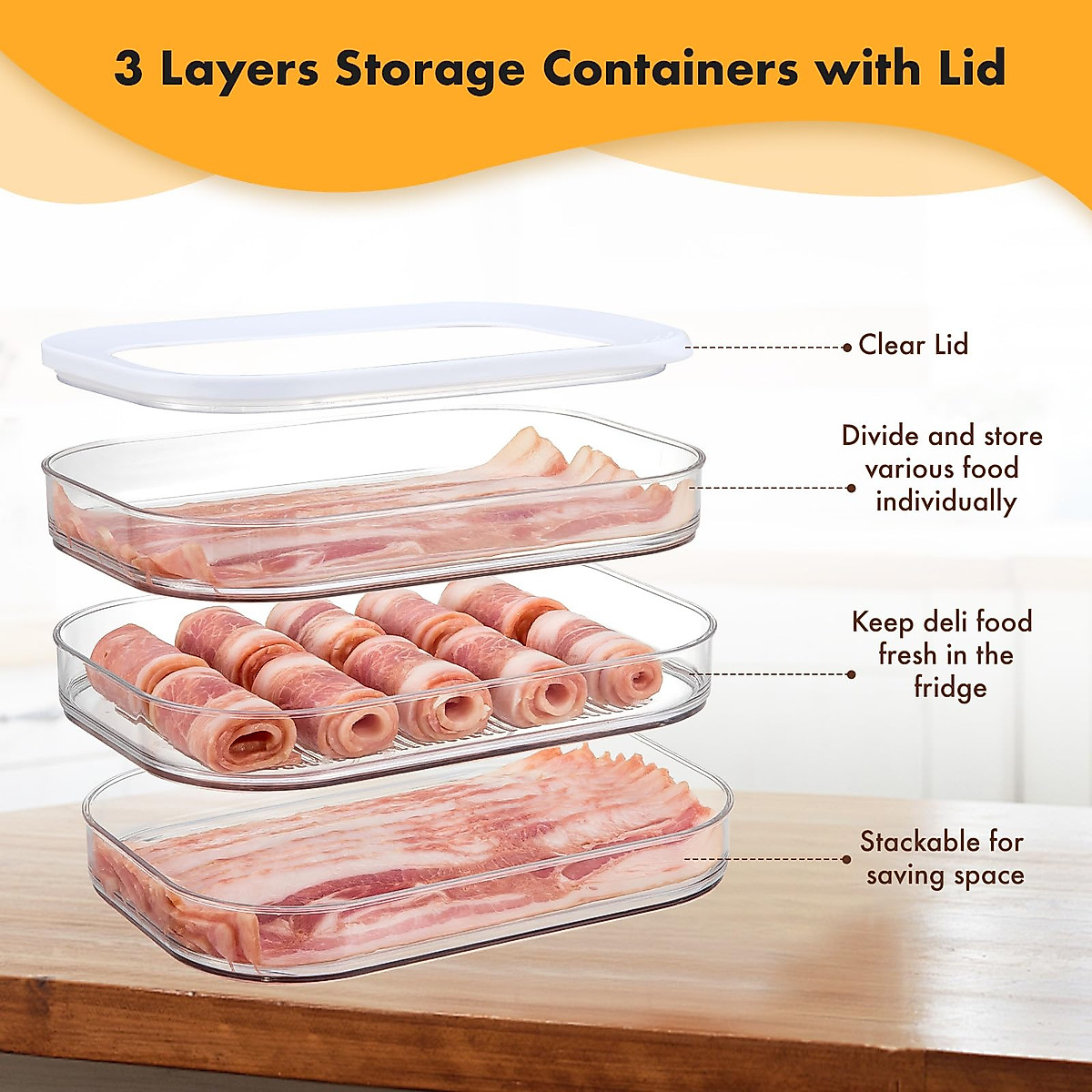 PARBEE Bacon Container for Fridge, 3 Layers Deli Meat Container, Stackable Cheese and Cold Cuts Holder Food Storage Box with Lid for Refrigerator