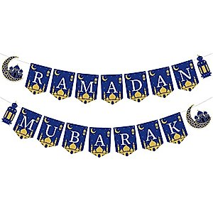 JOZON Ramadan Mubarak Banner Muslim Ramadan Mubarak Bunting Banner Garland with Lantern Moon Castle Sign Eid Mubarak Festival Celebration Party Decorations for Mantle Fireplace Wall Party Supplies