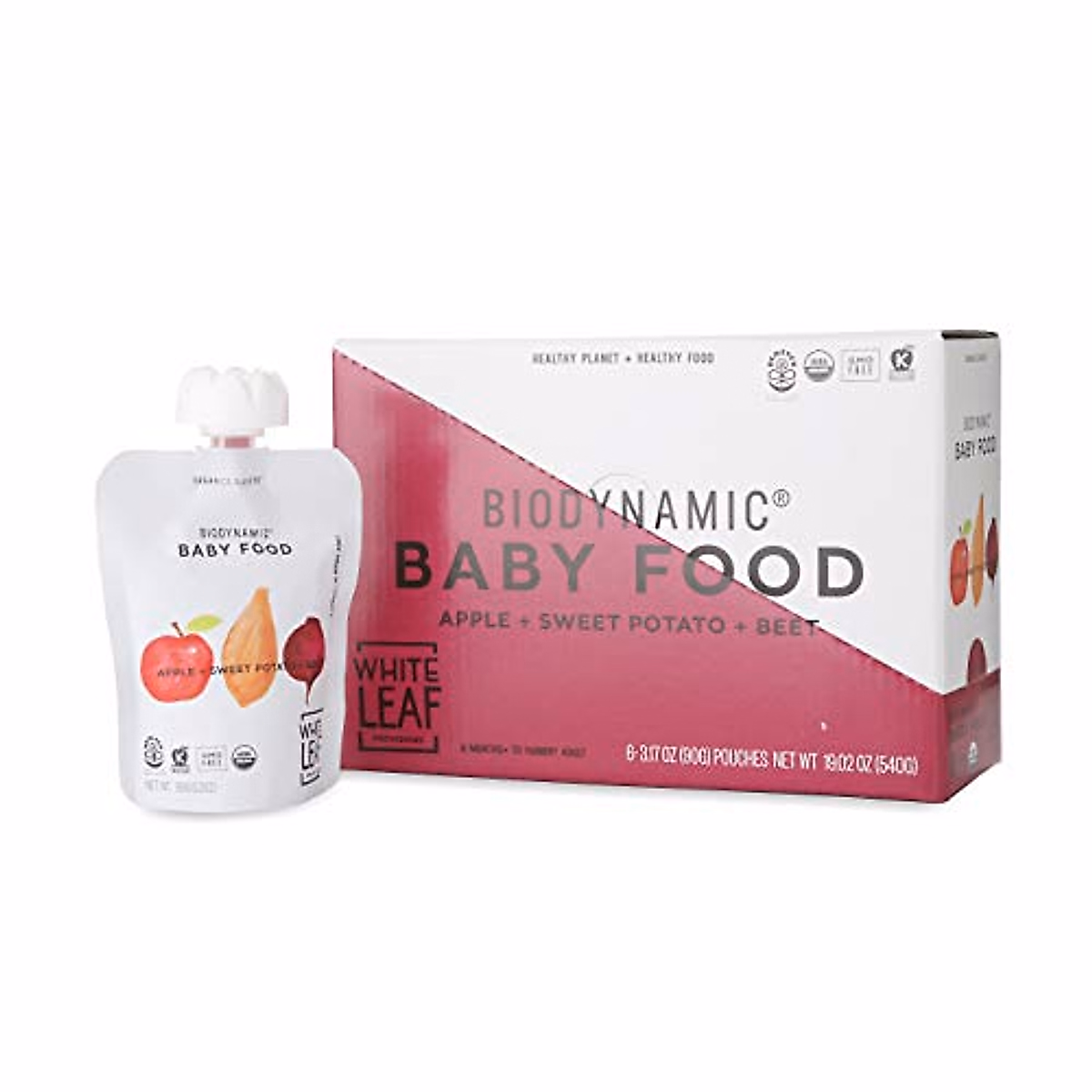 White Leaf Provisions Biodynamic & Organic Baby Food/Snacks — Apple, Sweet Potato & Beet Unsweetened Baby Puree Pouches — Squeezable Baby Food & Toddler Snack– 6 x 90g Organic Pouches