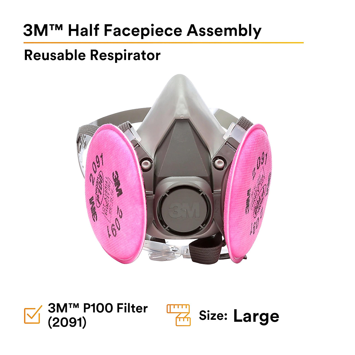 3M Half Facepiece Reusable Respirator Assembly 6391/07003(AAD), Large, P100 Respiratory Protection 051131070030