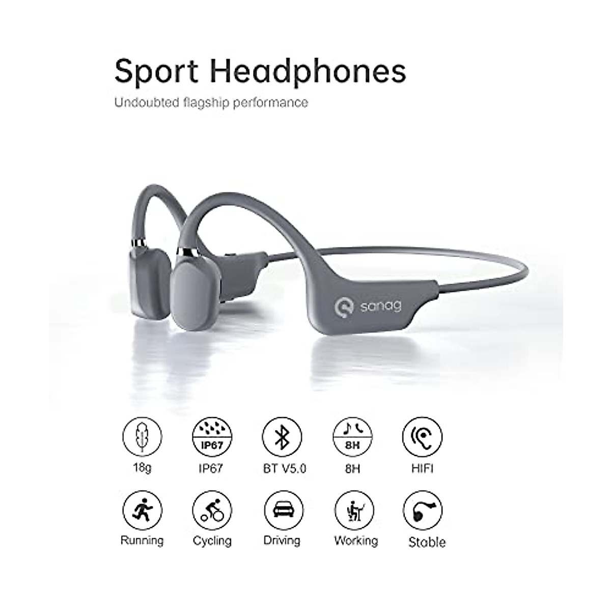 Wireless Bluetooth Headphones, SANAG Open Ear Sport Headphones with Mic, Music Phone Call IP67 Sweat-Resistant Bluetooth Headset for Outdoor Activities, Working, Gym, Christmas Gift Grey