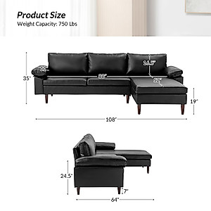 HULALA HOME 108" L Shaped Faux Leather Couch, 3 Seater Chaise Lounge Sofa with Comfy Pillow-Designed Armrest&Backrest, Mid Century Modern Sofa Couch for Living Room, Black