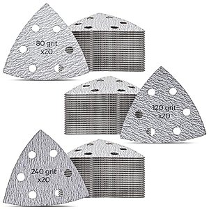 3 3/4" Triangle Sandpaper for Oscillating Multi-tool - Fits 3.5 Inch Corner Sanding Pads Including DeWalt, Milwaukee, Craftsman, Bosch, and Diablo; Delta Sandpaper with 80, 120 and 240 grits - 60-Pack