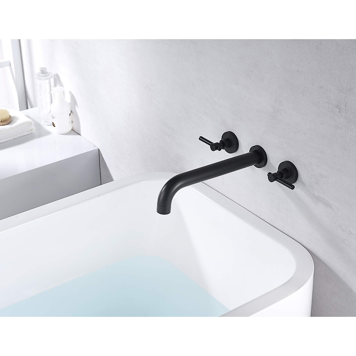 Wall Mount Tub Filler Matte Black Tub Faucet High Flow Two Handles Solid Brass, Long Spout Reach, sumerain