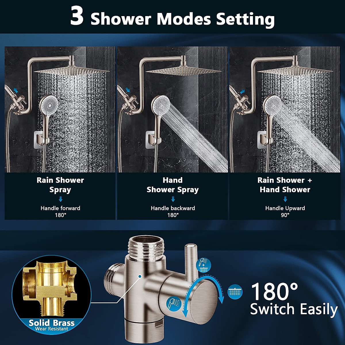 Shower Head Brushed Nickel, Upgraded 12" Rain Shower Head with 12" Flexible Curved Shower Extension Arm and High Pressure 4 Setting Handheld Shower Head Combo, Built-in Power Wash, 60’’ Shower Hose