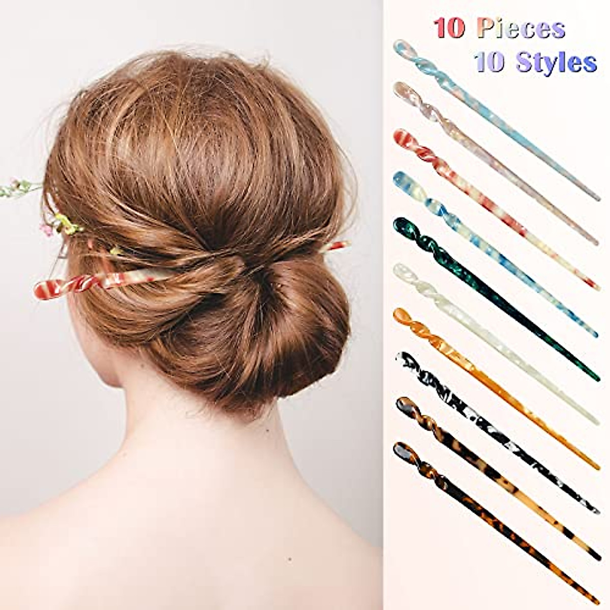 WILLBOND 10 Pieces Acetate Hair Sticks Hair Chopsticks Styling Vintage Leopard Print Tortoise Shell Hairpin Chopsticks Hairpins Disk with Flannelette Bag for Women(Vibrant Pattern)