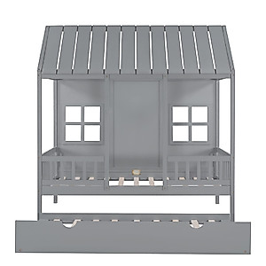 Bellemave Twin House Beds with Trundle for Kids Montessori Bed Wood Playhouse Tent Bed Frame for Girls Boys, Twin Size , Gray