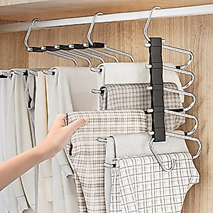 Loretoy 2 Pack Pants Hangers Space Saving, Anti-Slip Multi-Functional Pants Rack, Thickened Stainless Steel Tube with 10 Metal Clips, Two Hanging Modes Suitable for Jeans Trousers Skirts Scarf-Black