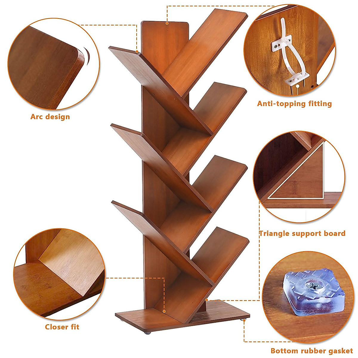 C&AHOME 7-Shelf Tree Bookshelf, Bamboo Wood Bookcase, Book Rack, Storage Rack Shelves in Living Room, Free-Standing Books Holder Organizer, Space Saver for Home, Office, Kid's Room Oak Red 4CSXSJ