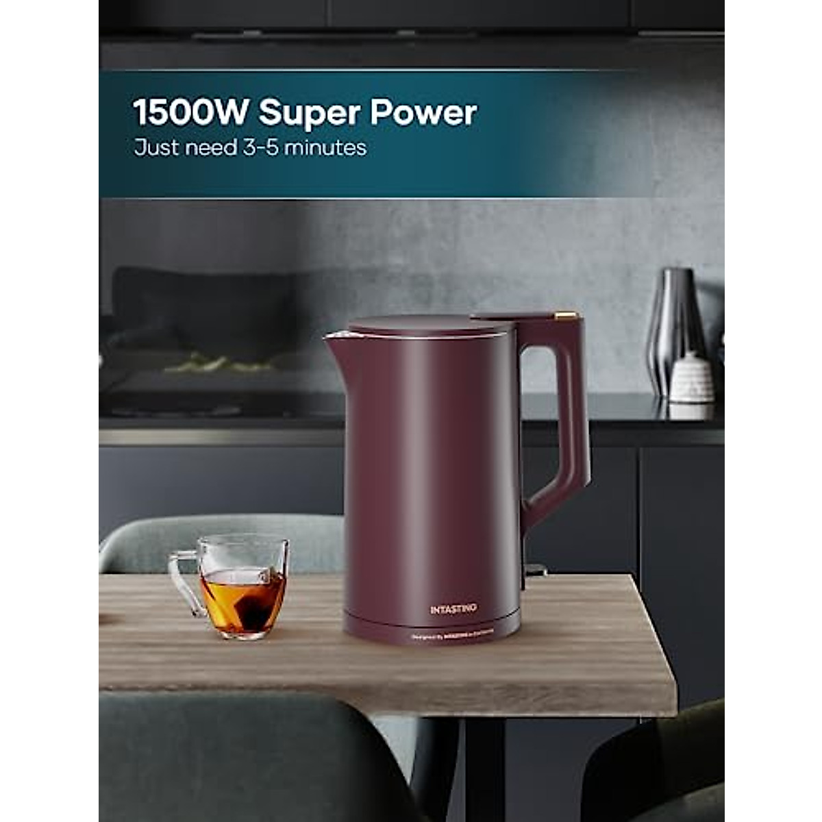INTASTING Electric Kettle for boiling water Double Wall 100% Stainless Steel Inner 1500W Fast Heating 1.5L Hot Water Boiler Auto Shut-Off & Boil Dry Protection BPA-Free Electric Tea Kettle Red