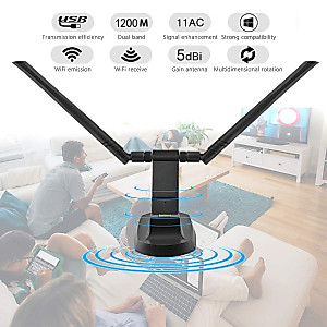 USB WiFi Adapter, 1200Mbps Dual Band 2.4GHz/300Mbps 5.8GHz/867Mbps High Gain 5dBi Antennas USB 3.0 Wireless Network Adapter for PC Desktop Laptop with Windows 10/8/7/XP/Vista, Mac OS, Linux