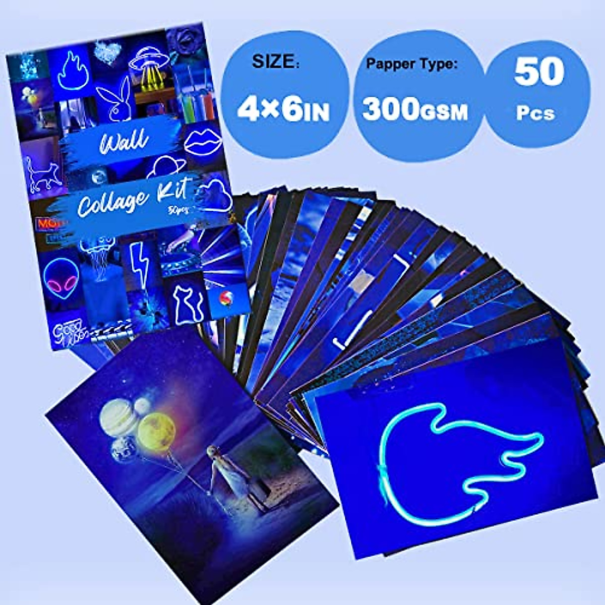 Blue Neon Wall Collage Kit Aesthetic Pictures, 50PCS Room Decor Indie Aesthetic for Teen Girls Boys Bedroom Wall Posters, Mysterious Photo Dorm Decorations, Blue Aesthetic Wall Images with 4x6''