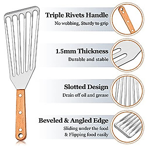 Joyfair Fish Spatulas Set, 2Pcs Metal Slotted Turner with Wooden Handle for Grilling Frying, Stainless Steel BBQ Flipper Spatula for Griddle Flattop, Thin Edge for Easy Turning & Flipping Pancake Meat