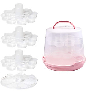 3-Tier Cake Carrier Cupcake Muffin Holder with Collapsible Handles - 11.2", Pink