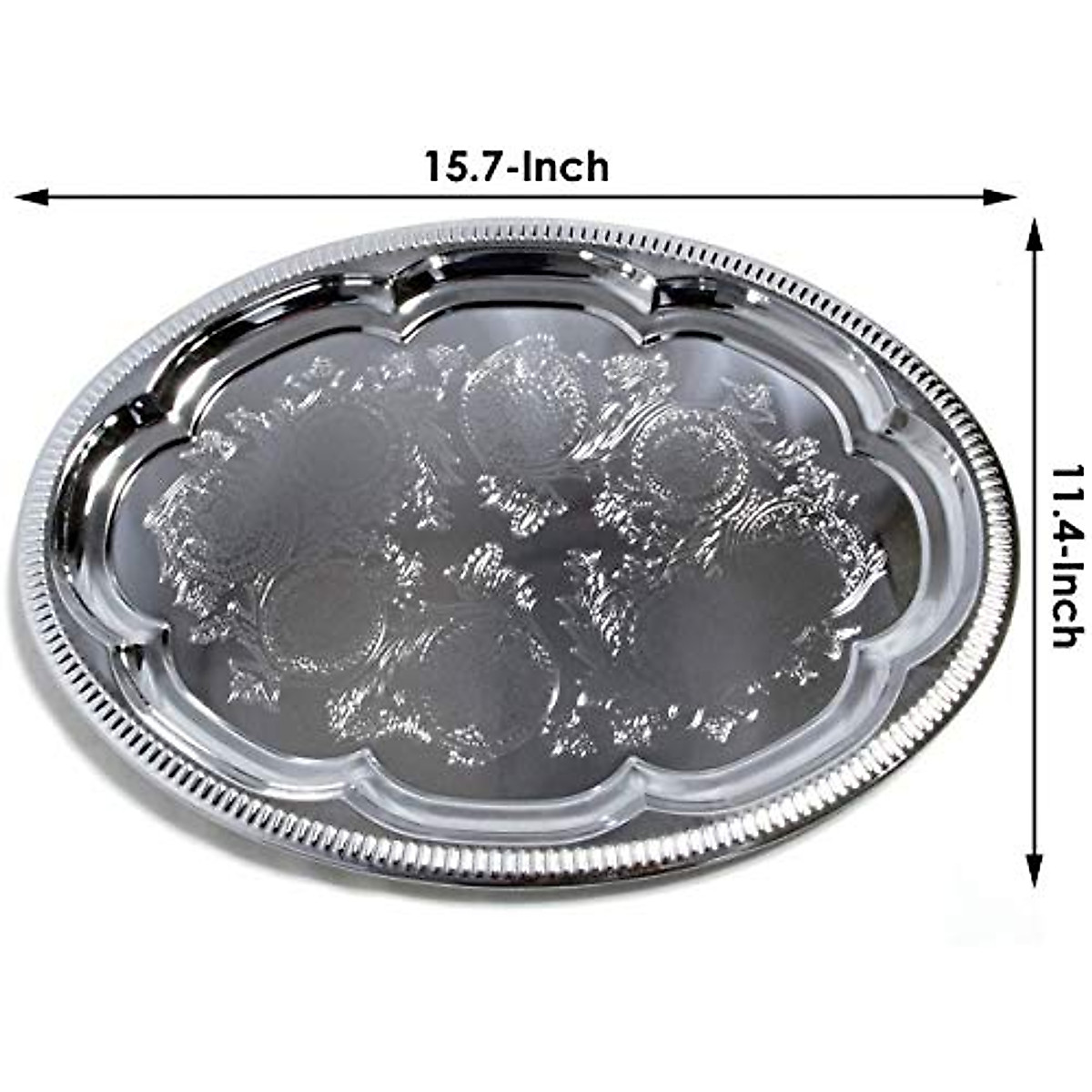Maro Megastore (Pack of 4) 15.7 inch x 11.4 inch traditional oval flower pattern carving dining chrome plated dinner plate mirror plate plate plate metal tableware party Medium T225M-4PK