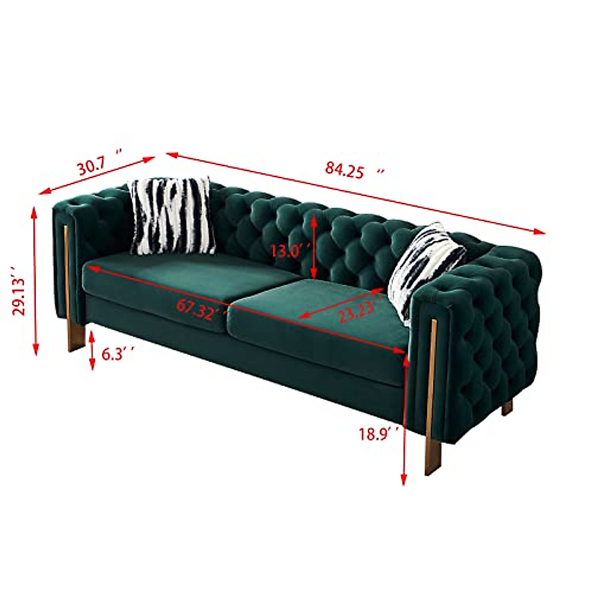 CALABASH Green Velvet Couch, Chesterfield Sofa 84 Inch Living Room Mid-Century Modern Tufted Velvet Gold Metal Legs and 2 Throw Pillows (Green)