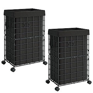 ELYKEN 2 Pack Laundry Hamper with Wheels, Durable Metal Wire Frame with Removable 70L/18.8Gal Capacity Inner Bag, Rolling Laundry Basket with Washable Liner Bag for Bathroom, Black