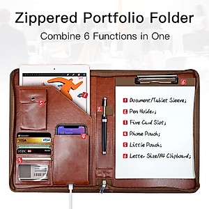 Zippered Padfolio Organizer, WRIYES Leather Planner Binder, 10.2 Inch Portfolio Folder for Documents, Letter Size Business Card Holder for Men&Women (Brown)