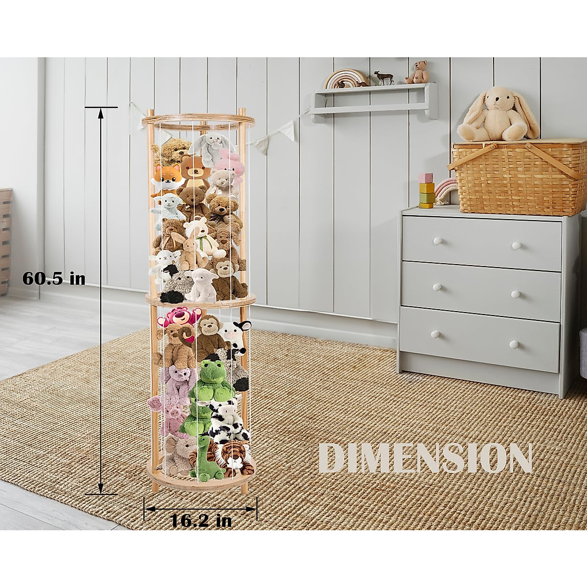 Vechor Round Animal Zoo Storage, Soft Toy Organizer, Solid Wood Zoo Cage for Plush Toys, Stuffed Animals Holder for Bedroom Playroom Nursery Room.