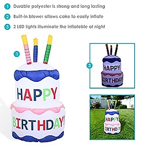 Sunnydaze 4-Foot Happy Birthday Cake Inflatable Decoration - Fan Blower and LED Lights